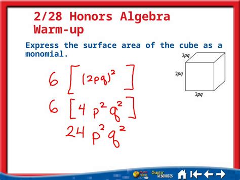 Pptx Lesson 1 Ex4 Express The Surface Area Of The Cube As A Monomial 2 28 Honors Algebra Warm