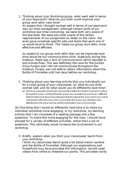 Workshop Reflection Worksho Pnotes Thinking About Your Workshop Group What Went Well In