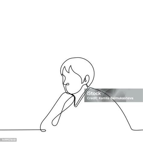 잠겨 있는 남자 앉아 한 줄 그리기 손등으로 턱을 받치고 있는 남자의 초상화 반사 기대의 개념 사람들에 대한 스톡 벡터 아트 및 기타 이미지 Istock