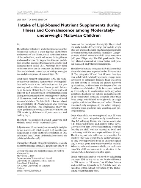 Pdf Intake Of Lipid Based Nutrient Supplements During Illness And Convalescence Among