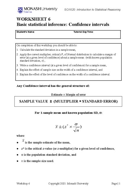 Sci1020 Worksheet 6 Sci1020 Introduction To Statistical Reasoning Worksheet 6 Basic