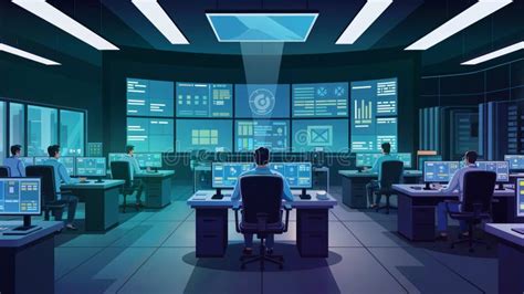 Modern Security Control Room With Multiple Monitors Displaying Real Time Surveillance Data Stock