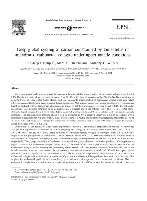 Pdf Deep Global Cycling Of Carbon Constrained By The Solidus Of