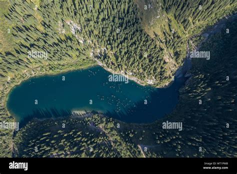 Aerial Footage Of Kaindy Lake And Sunken Forest In Kazakhstan Stock