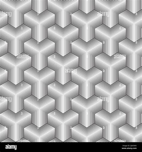 Thin Lines Cubes Seamless Isometric Pattern Vector Tileable Background In Black And White Stock