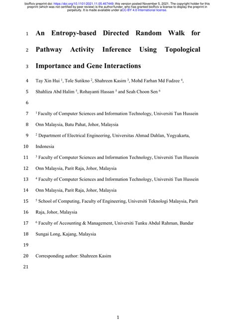Pdf An Entropy Based Directed Random Walk For Pathway Activity Inference Using Topological