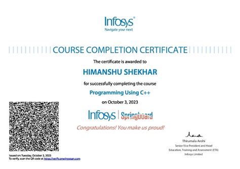 Himanshu Shekhar On Linkedin Cplusplus Infosys Programming Certification Techeducation