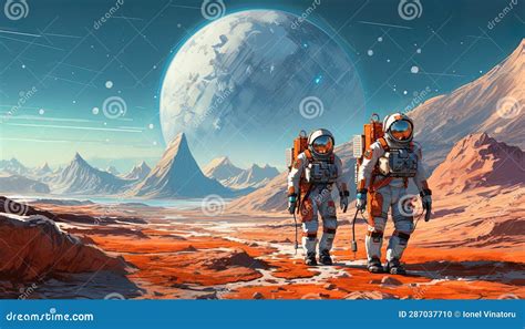 Illustration Of Astronauts In Space Suits Exploring Distant Planets Stock Illustration