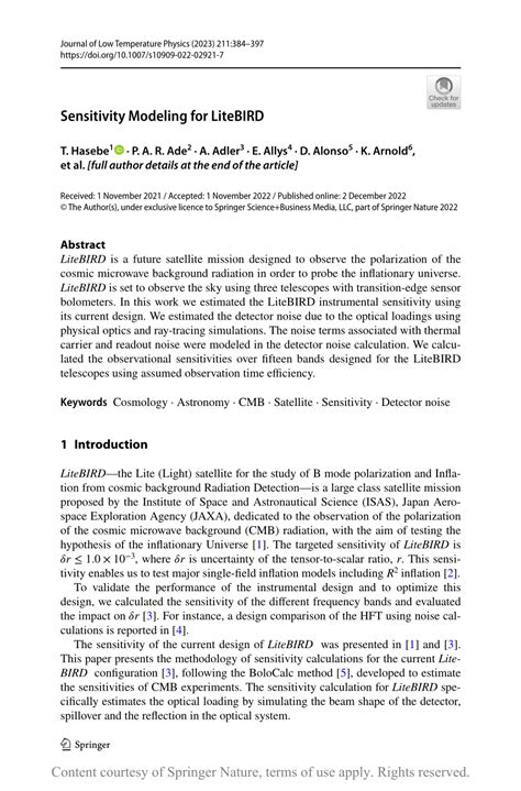 Sensitivity Modeling For Litebird Request Pdf