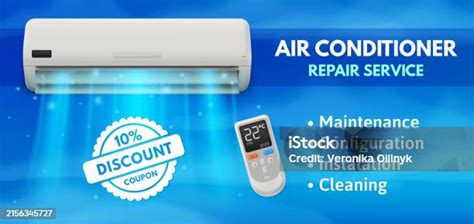 에어컨 서비스 Hvac 수리 및 유지 보수 서비스 전단지 배너 할인 쿠폰과 차가운 공기 벡터 일러스트 레이 션과 현실적인 에어컨 공기조화에 대한 스톡 벡터 아트 및 기타