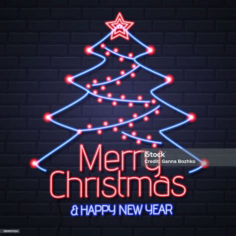 네온 메리 크리스마스와 해피 뉴가 어 벽돌 벽 바탕에 서명 합니다 크리스마스 인사말 카드 디자인 0명에 대한 스톡 벡터 아트 및 기타 이미지 Istock