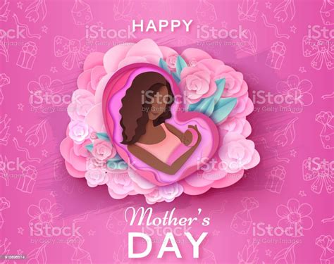 어머니의 날 종이 접기 종이 예술 인사말 카드에 프레임 패턴 꽃 아기 실루엣을 들고 아프리카 여자 유행 스타일 화려한 조각된 벡터 일러스트 레이 션 실루엣에 대한 스톡 벡터