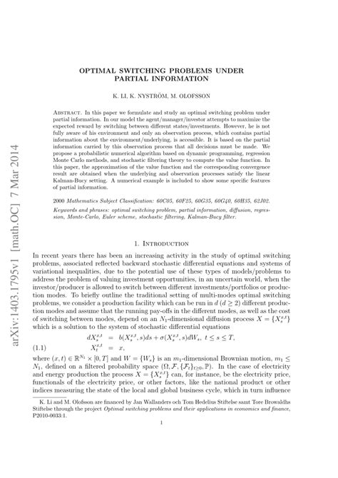 Pdf Optimal Switching Problems Under Partial Information