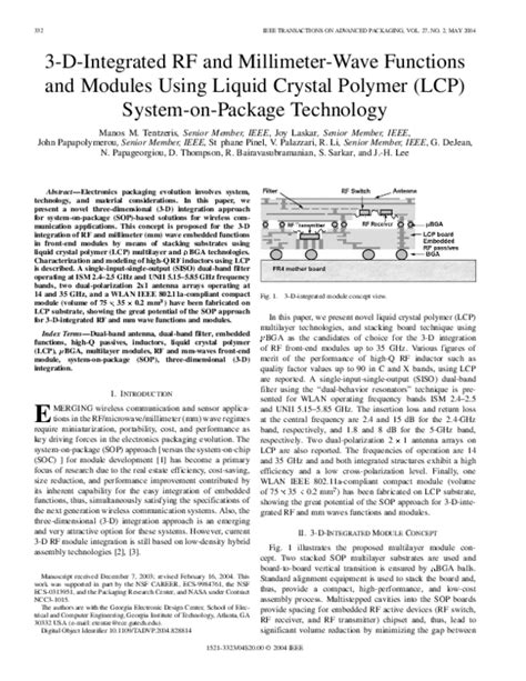 Pdf 3 D Integrated Rf And Millimeter Wave Functions And Modules Using Liquid Crystal Polymer