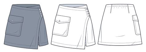 랩 미니 스커트 테크니컬 패션 일러스트레이션 비대칭 스커트 패션 플랫 기술 도면 템플릿 포켓 버튼 앞면과 뒷면보기 흰색 회색 여성 Cad 모형 세트 0명에 대한 스톡 벡터