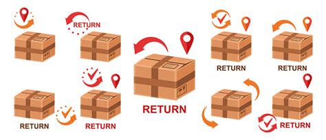 보낸 사람에게 배달 포스트 소포 패키지를 반환하고 주문 다시 아이콘 세트를 보냅니다 온라인 상점에서 무료 교환 제품 상품 골판지 상자 Gps 탐색 포인터 주소 전달 구매