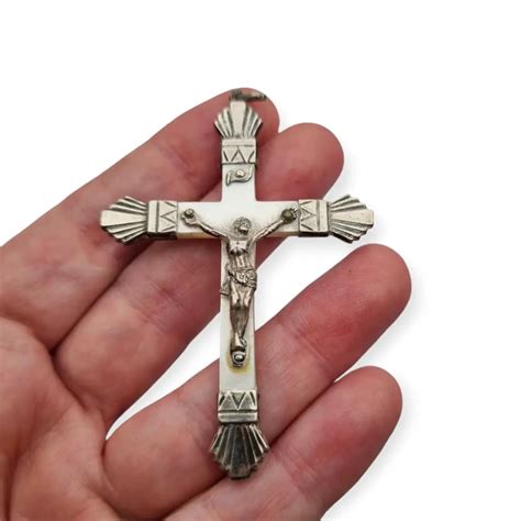 Cruz Art Decó Antiguo De Plata Y Nácar De 1920 Regalo Religioso