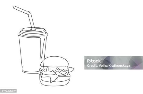 햄버거와 소다 패스트 푸드 연속적인 한 라인 아트 드로잉 스타일 길거리 음식 세트입니다 한 줄 테이크 아웃 정크 푸드 선형 스케치 메뉴 배너 포스터 편집 가능한 획 그림