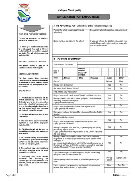 New Application Form For Umngeni Municipality Pdf Criminal Record Government
