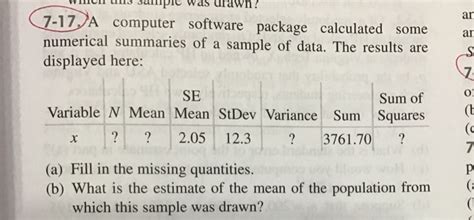 Solved 7 17 A Numerical Summaries Of A Sample Of Data The Chegg