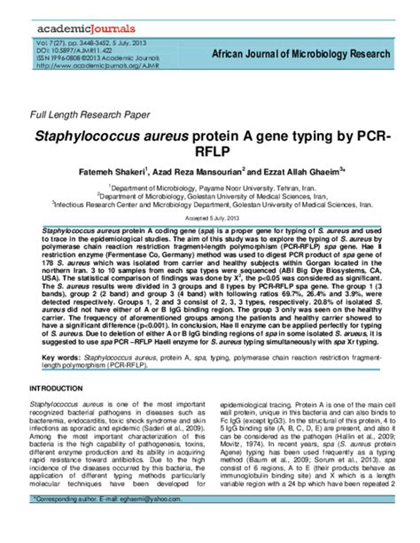 Pdf Staphylococcus Aureus Protein A Gene Typing By Pcr Rflp