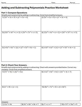 Adding And Subtracting Polynomials Practice Worksheet TPT
