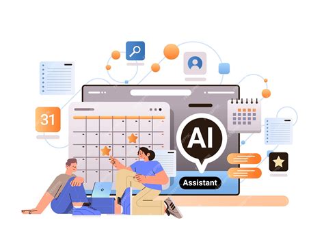 개인 Ai 일정 도우미 온라인 서비스 작업 관리 인공 지능 지원 가로 복사 공간 벡터 일러스트와 함께 컴퓨터 앱을 사용하는