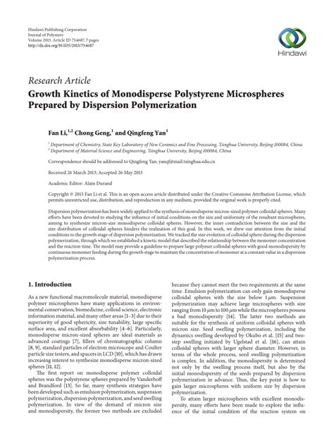 Pdf Growth Kinetics Of Monodisperse Polystyrene Microspheres Prepared By Dispersion Polymerization