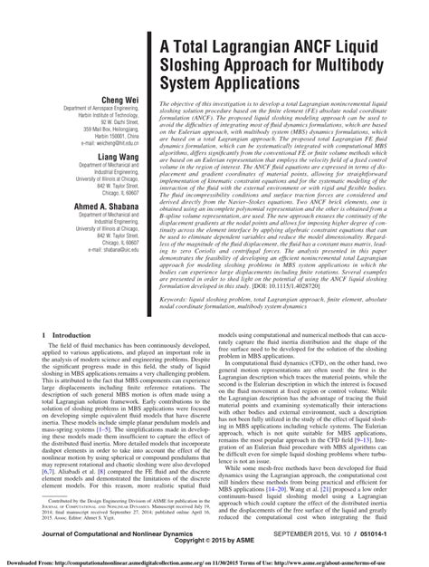 Pdf A Total Lagrangian Ancf Liquid Sloshing Approach For Multibody System Applications