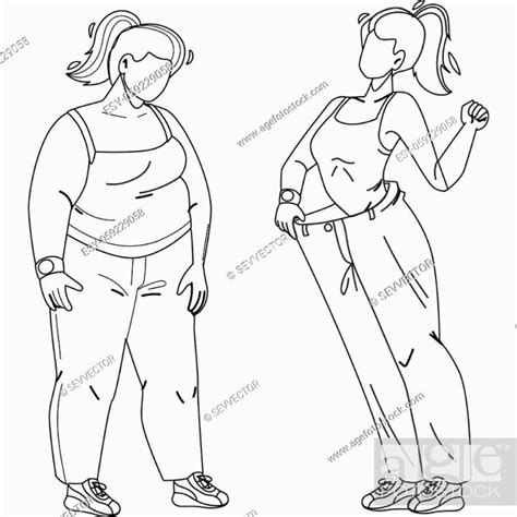 Loose Weight Woman Before And After Look Black Line Pencil Drawing