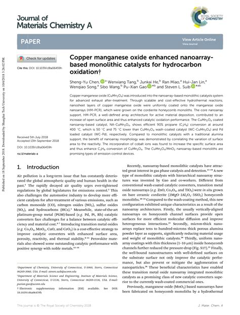 Pdf Copper Manganese Oxide Enhanced Nanoarray Based Monolithic Catalysts For Hydrocarbon Oxidation