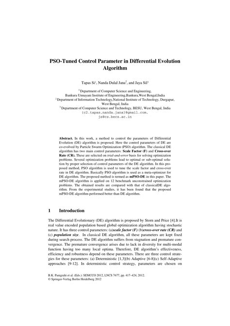 Pdf Pso Tuned Control Parameter In Differential Evolution Algorithm