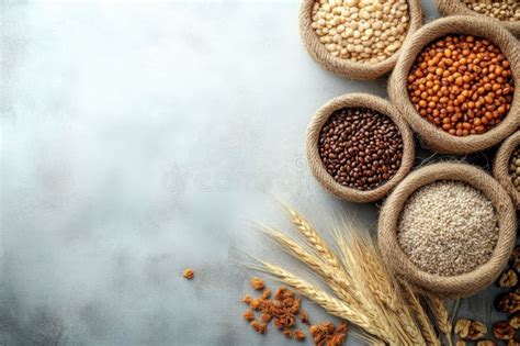 Assorted Nuts And Grains Arranged In Woven Baskets On A Textured