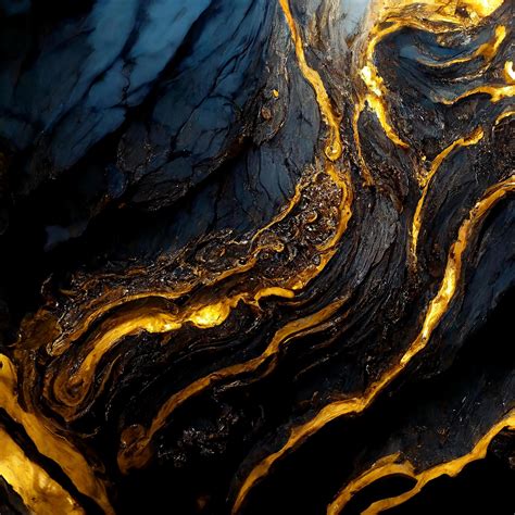 Fluid Sculpture Of Melted Gold Oozing On A Vascular Obsidian Rock Wall