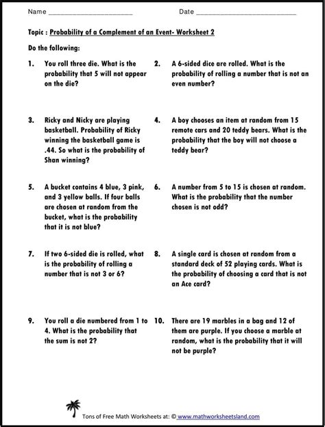 Complement Probability Worksheet With Answers Db Excel Com