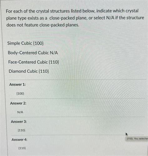 Solved For Each Of The Crystal Structures Listed Below