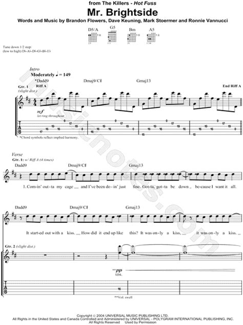 The Killers Mr Brightside Guitar Tab In D Major Download And Print