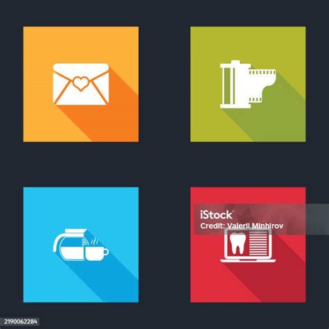 발렌타인 하트 카메라 필름 롤 카트리지 커피 포트 컵 및 노트북 치과 카드 아이콘으로 봉투를 설정합니다 벡터 개념에 대한 스톡 벡터 아트 및 기타 이미지 Istock