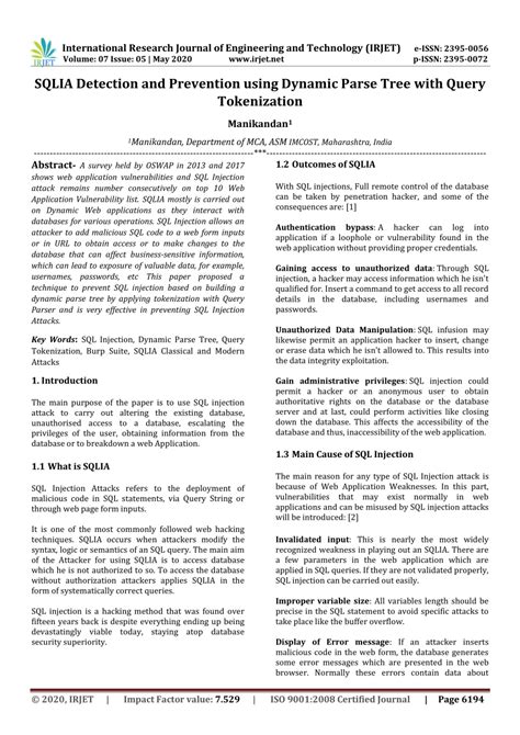 Pdf Sqlia Detection And Prevention Using Dynamic Parse Tree With