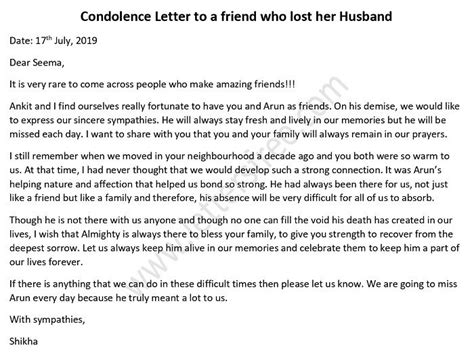 Condolence Letter To A Friend Who Lost Her Husband