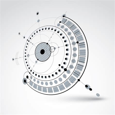 그래픽 및 웹 디자인에 사용하기 위한 기술 계획 흑백 추상 엔지니어링 초안 기계 부품과 원으로 만든 산업 시스템의 원근 벡터