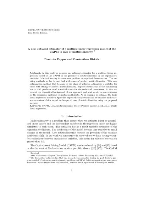 Pdf A New Unbiased Estimator Of A Multiple Linear Regression Model Of The Capm In Case Of