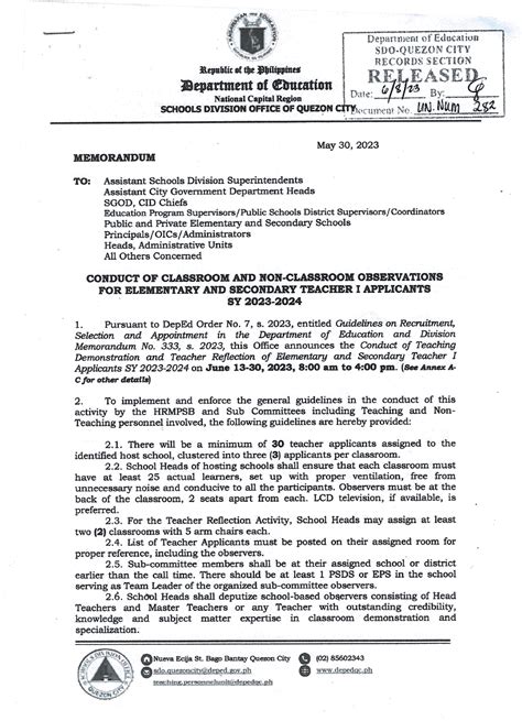 Conduct Of Classroom And Non Classroom Observations For Elementary And Secondary Teacher I