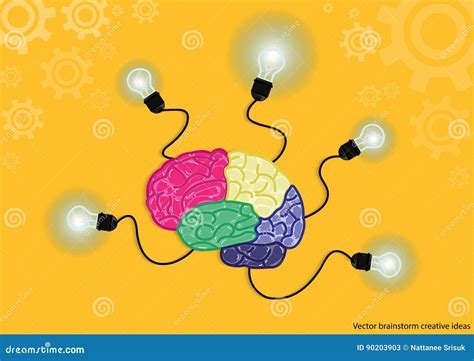 Vector Brainstorm Creative Ideas With Bulb Brain Cogs Yellow Background Flat Design Stock