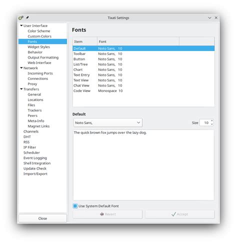 Settings User Interface Fonts Tixati