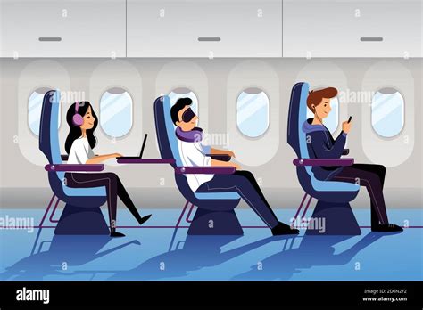 People Travel By Airplane In Economy Class Plane Interior With Sleeping And Working Passengers