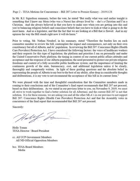 Tesa Motions For Concurrence Bill 207 Letter To Premier Kenney