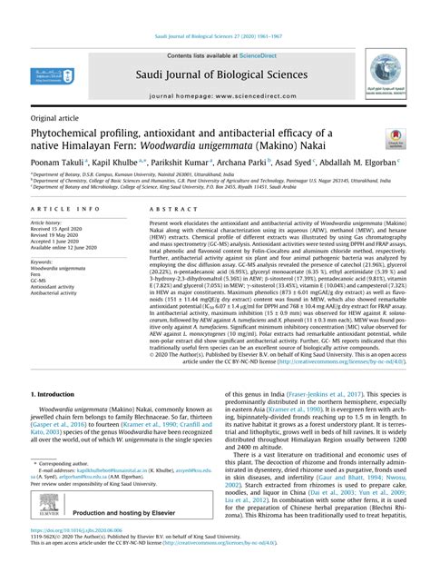 Pdf Phytochemical Profiling Antioxidant And Antibacterial Efficacy Of A Native Himalayan Fern