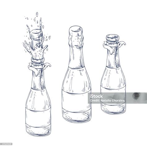 샴페인이 든 녹색 유리 병 빈 흰색 라벨 열리고 닫히고 날아다니는 코르크와 튀는 병 검정 잉크로 손으로 그린 그래픽 일러스트 레이 션 고립된 개체 Eps 벡터의 집합입니다