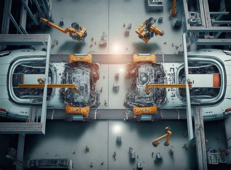 Top View Car Factory With Automated Robot Arm Assembly Line Manufacturing Stock Illustration